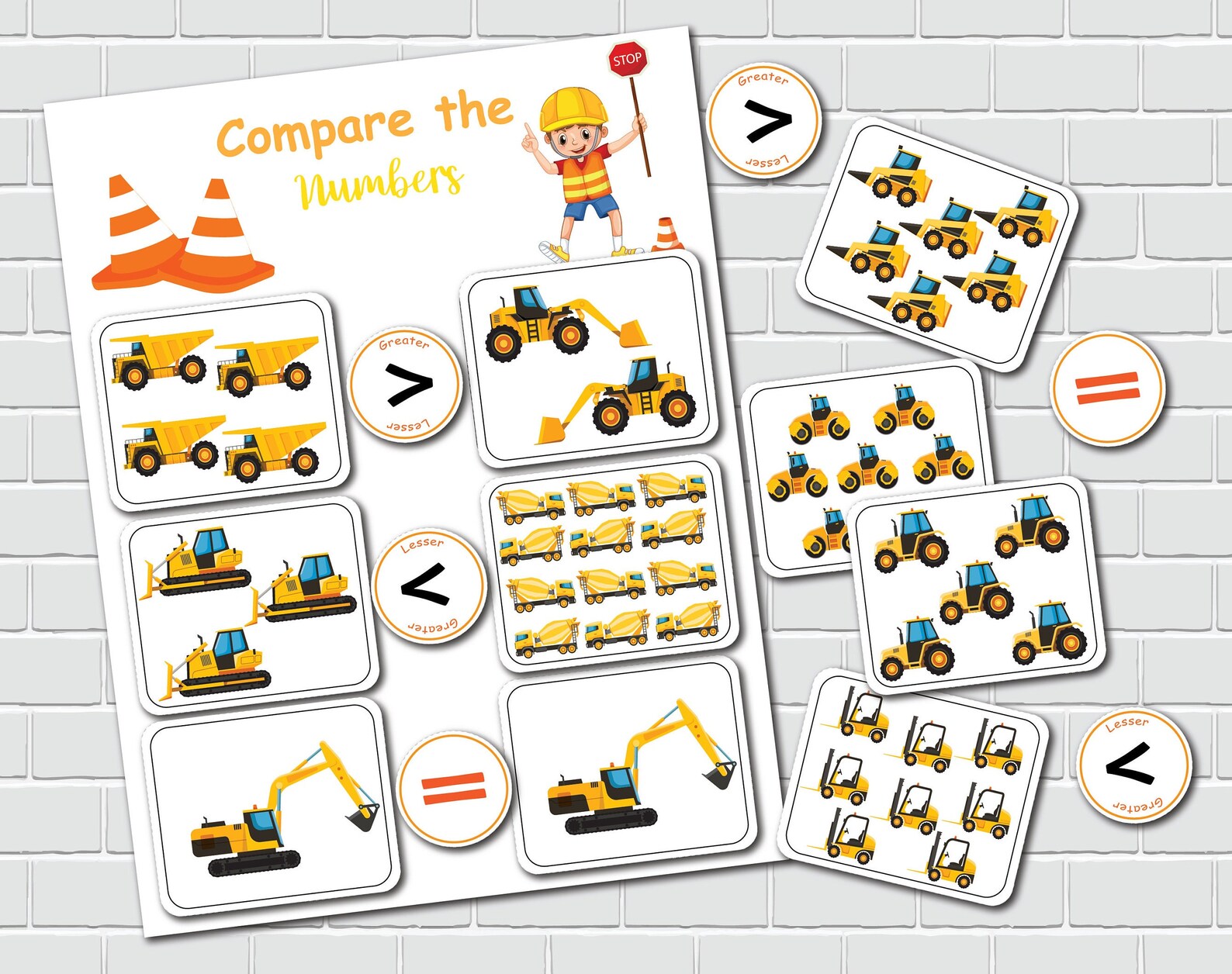 Comparing Numbers Construction Trucks Printable Activity for - Etsy