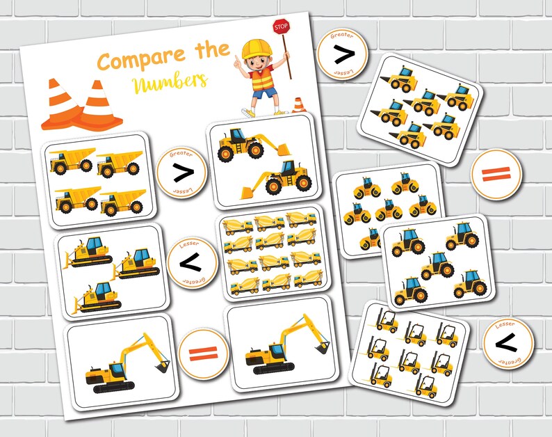 Comparing Numbers Construction Trucks Printable Activity for - Etsy