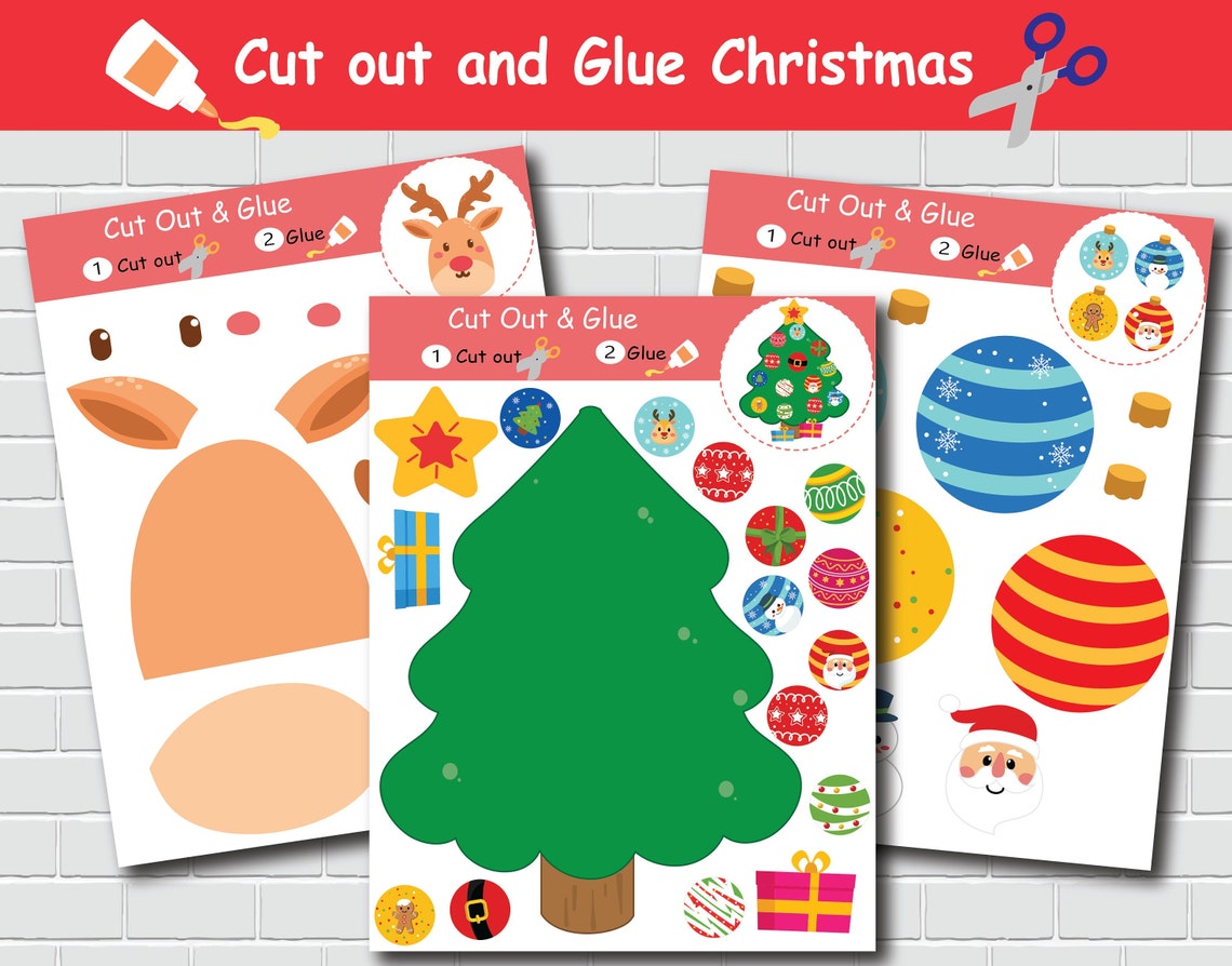 Christmas Cut Out and Glue, Holiday Paper Craft, Scissors Practice for ...