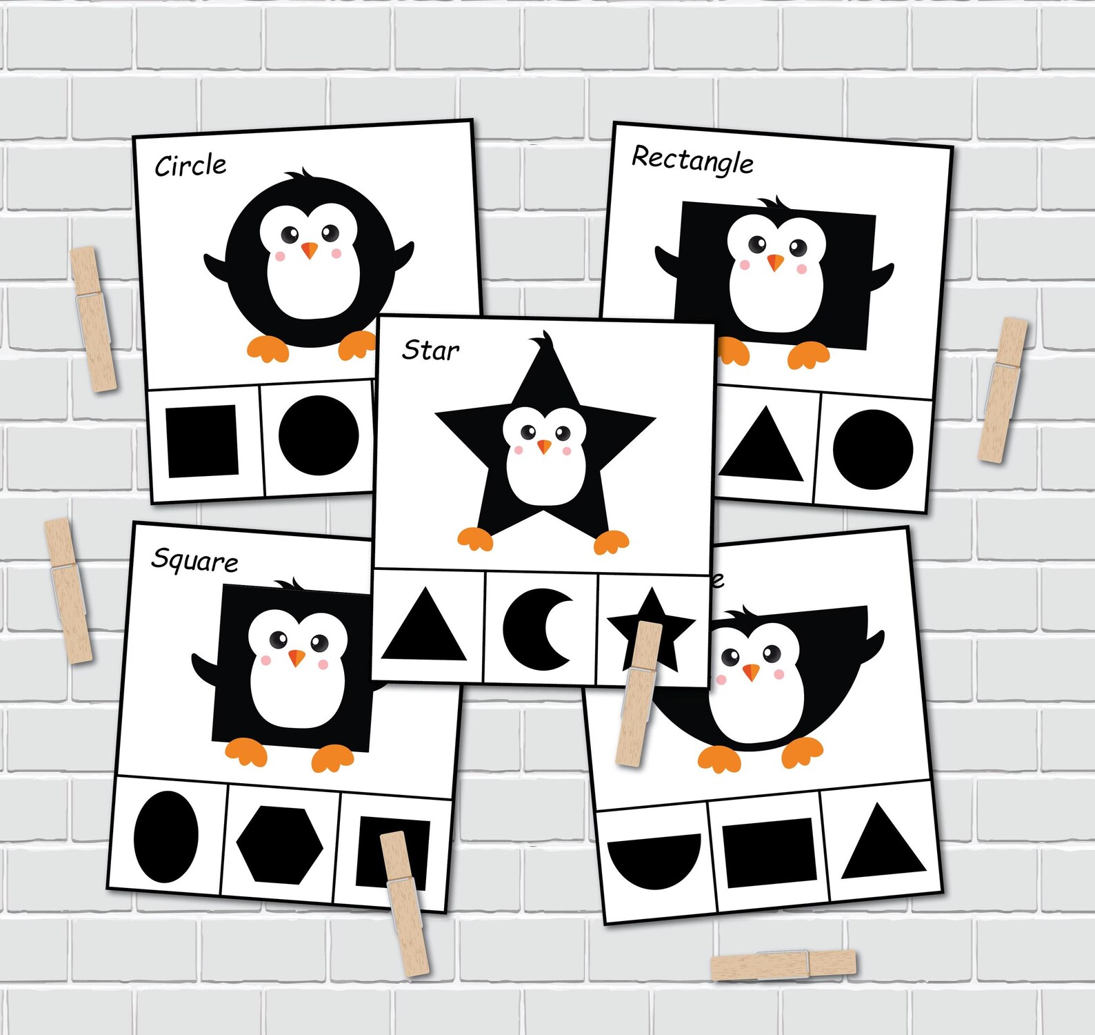 Penguin Shapes Clip Cards, Winter Preschool Learning (digital Download ...