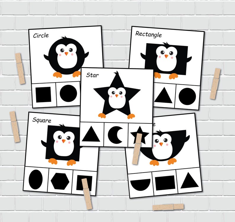 Penguin Shapes Clip Cards, Winter Preschool Learning (digital Download ...
