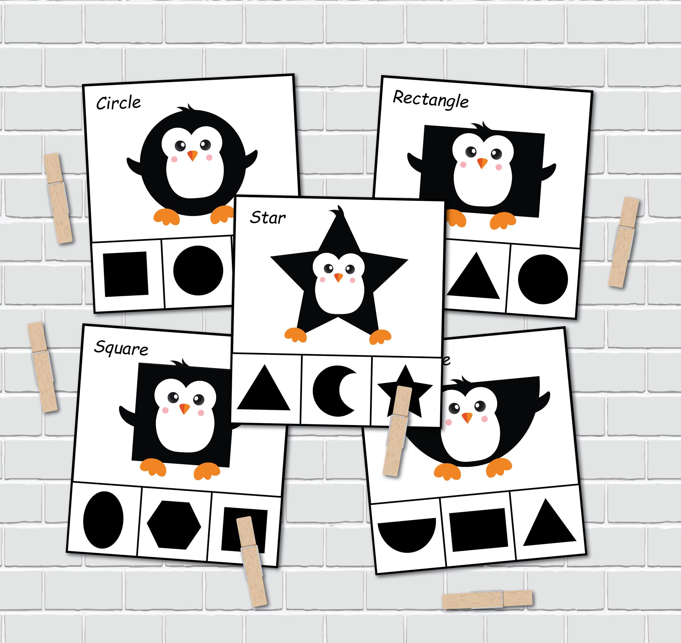 Penguin Shapes Clip Cards, Winter Preschool Learning (digital Download ...