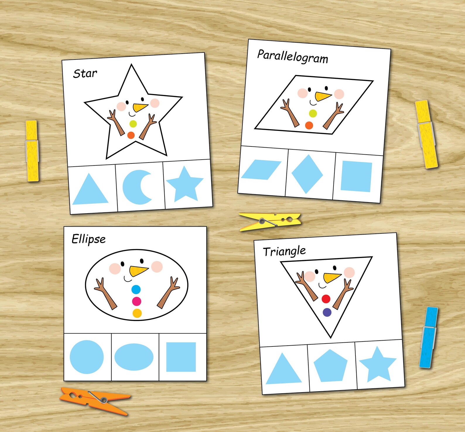 Snowman Shapes Clip Cards, 2D Shapes, Winter Activity (digital Download ...