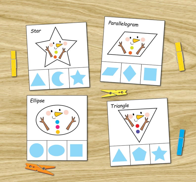 Snowman Shapes Clip Cards, 2D Shapes, Winter Activity (digital Download ...
