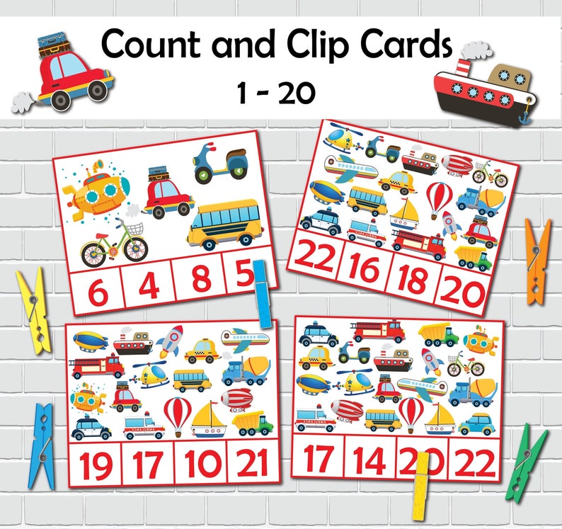 Clip and Count Cards Numbers 1-20. Printable Vehicles and Things That ...