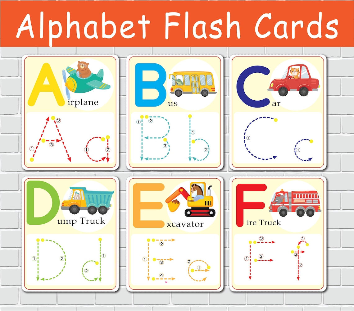 Alphabet Tracing Flashcards Cars and Trucks Printable Tracing - Etsy