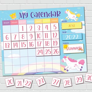 Kids Perpetual Calendar, Unicorn Theme Wall Calendar, Printable ...