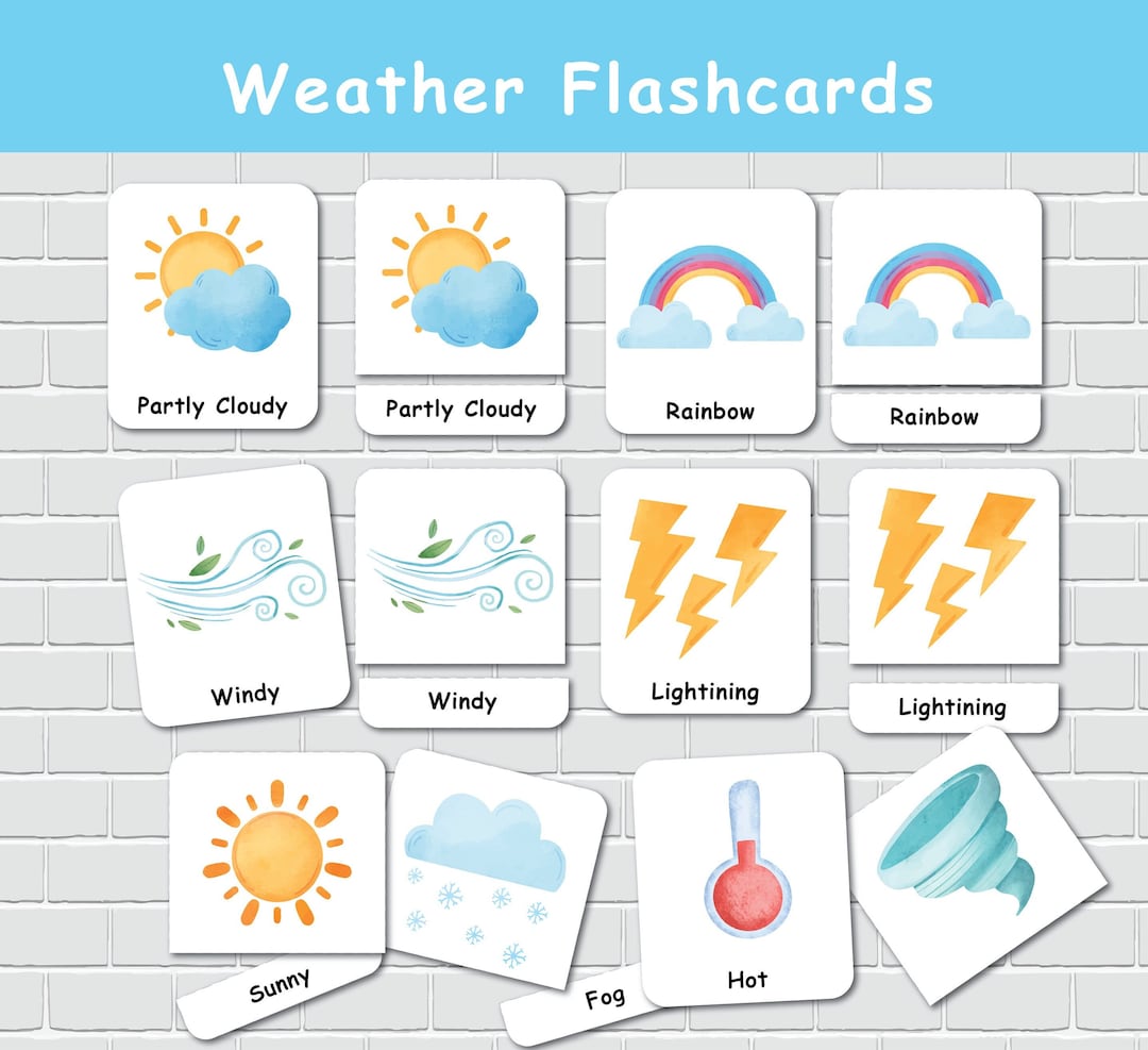 Weather Three Part Flash Cards, Watercolor Educational Flashcards ...