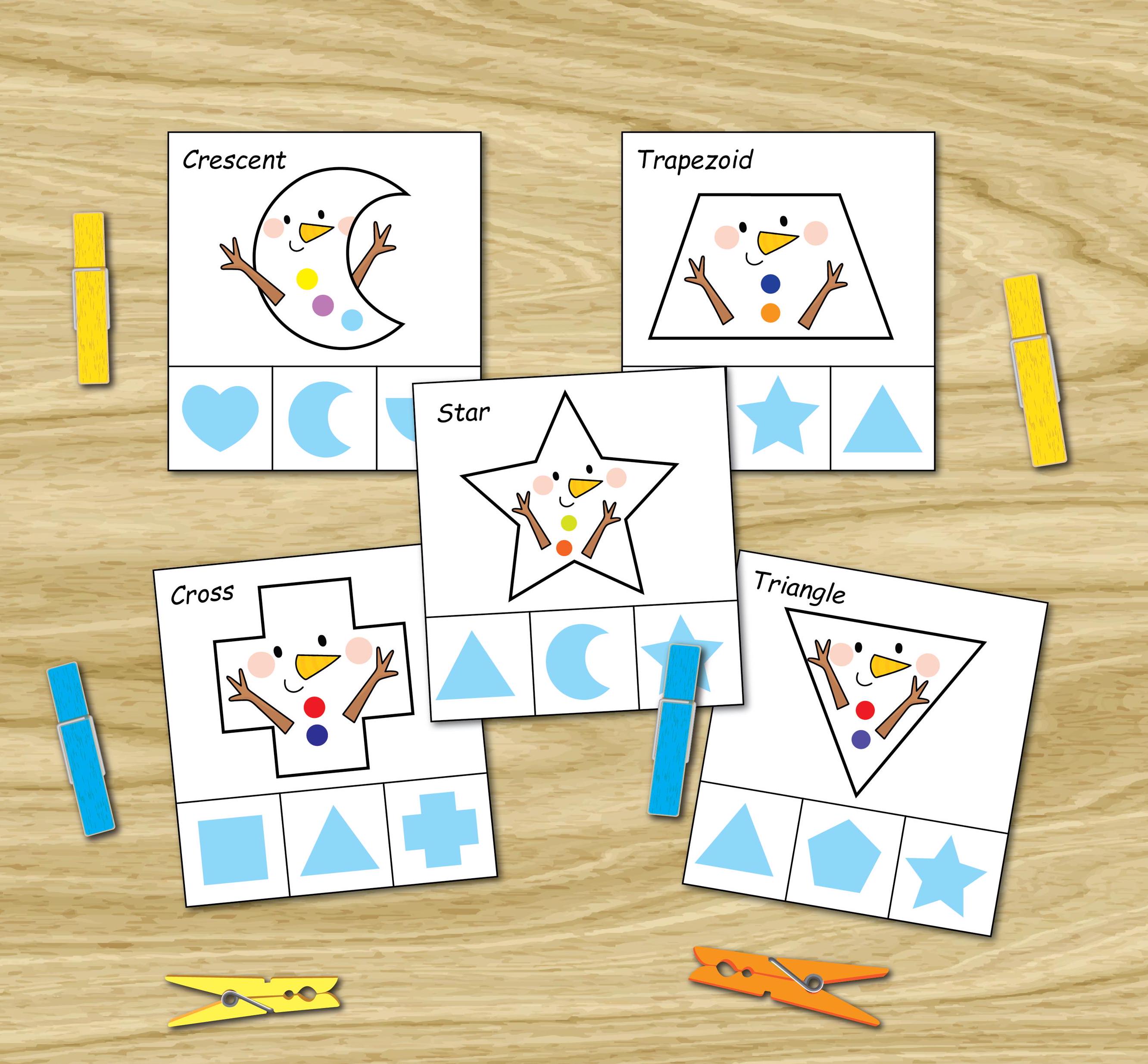 Snowman Shapes Clip Cards, 2D Shapes, Winter Activity (digital Download ...