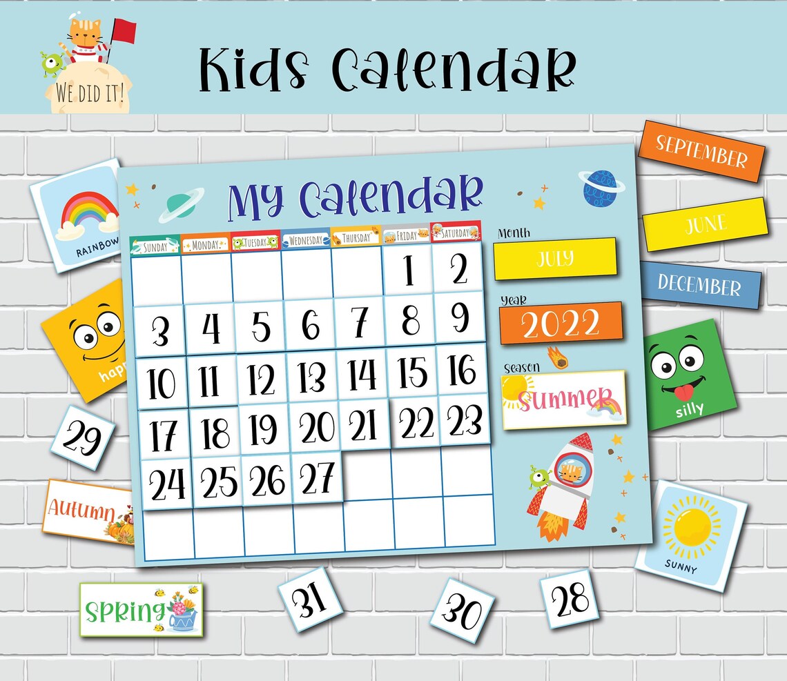 Kids Perpetual Calendar Space Theme Wall Calendar Montessori - Etsy