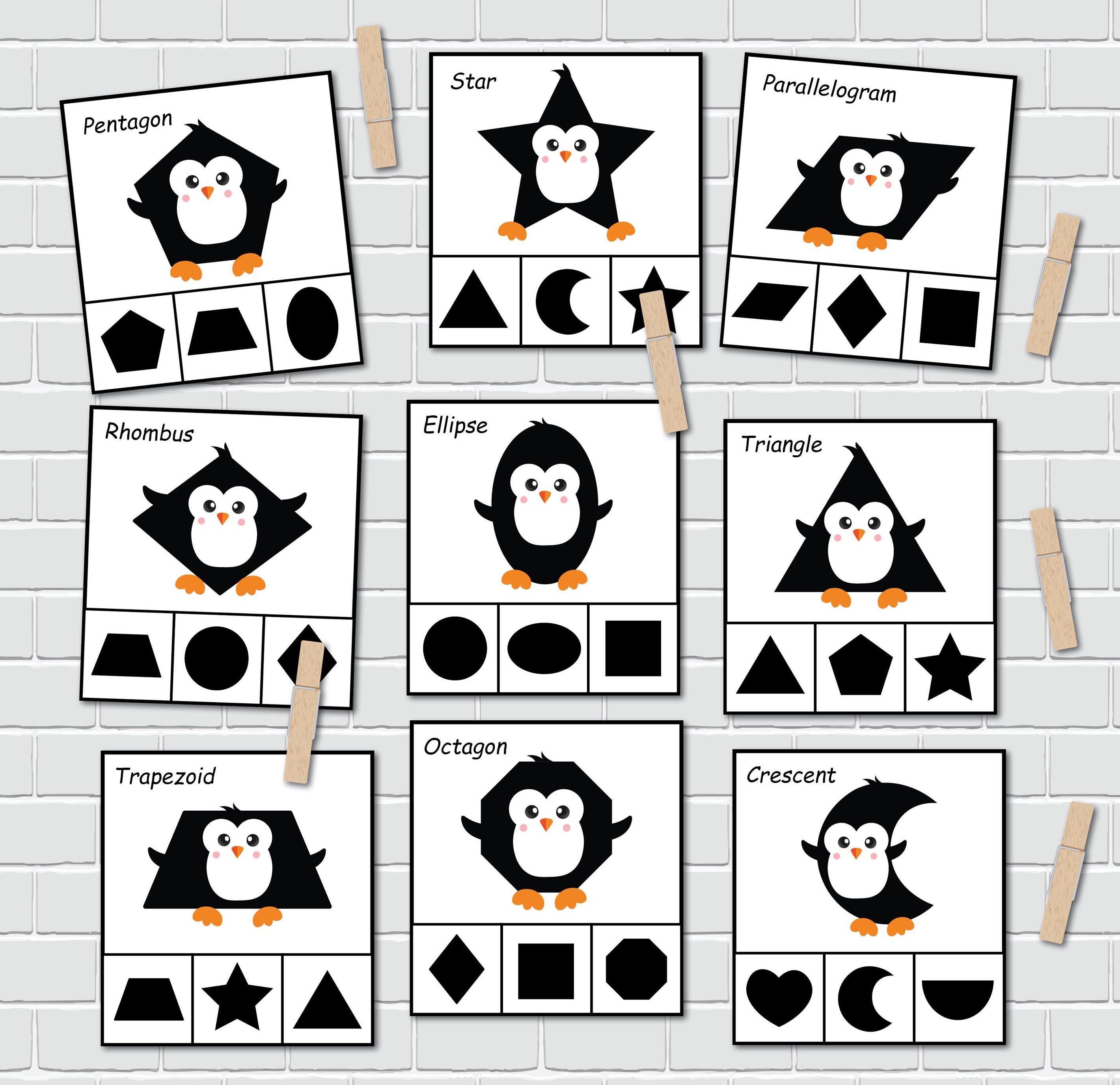 Penguin Shapes Clip Cards, Winter Preschool Learning (digital Download ...