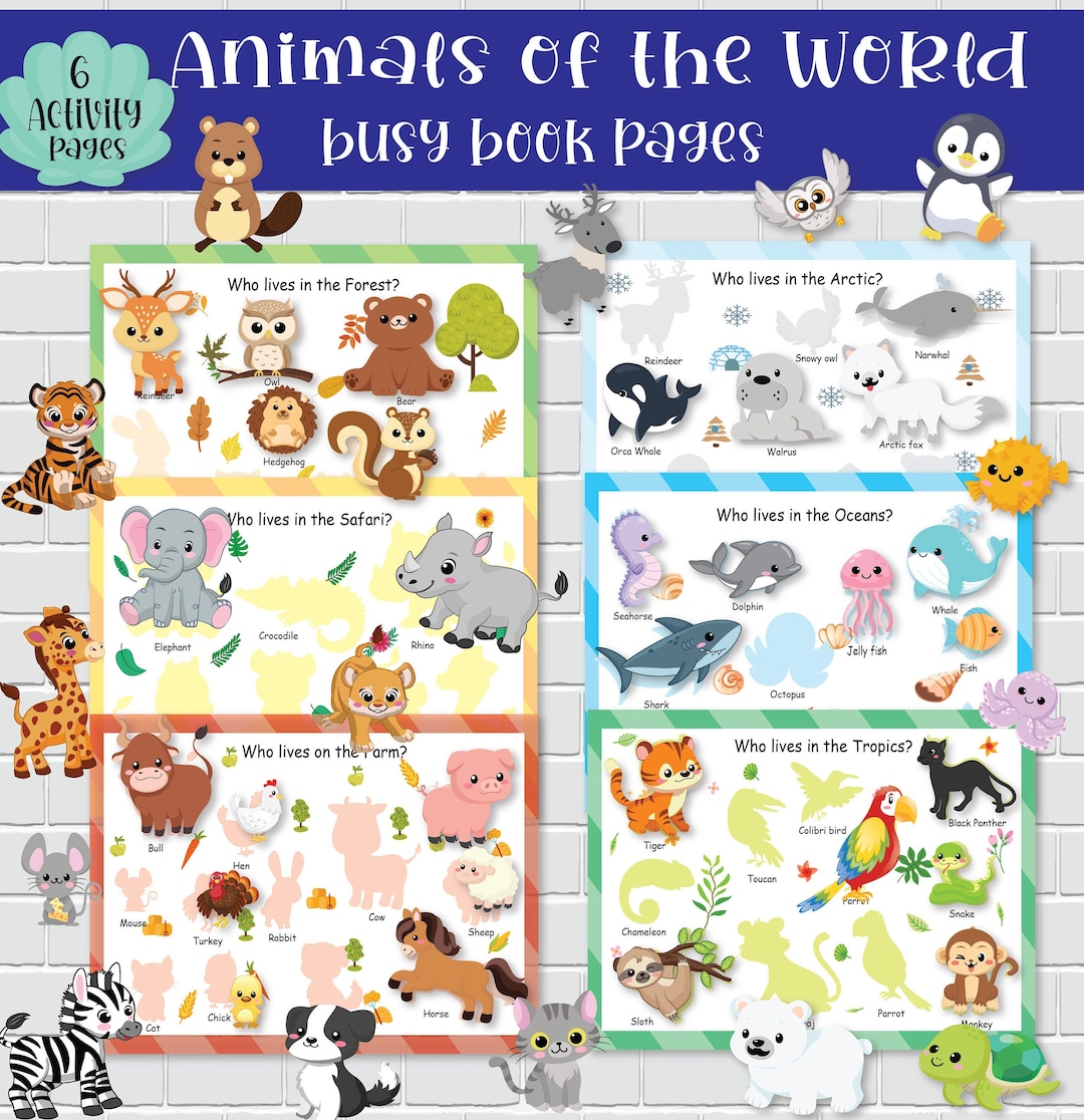 Animals of the World Busy Book Pages for Kids. Toddler Learning Binder ...