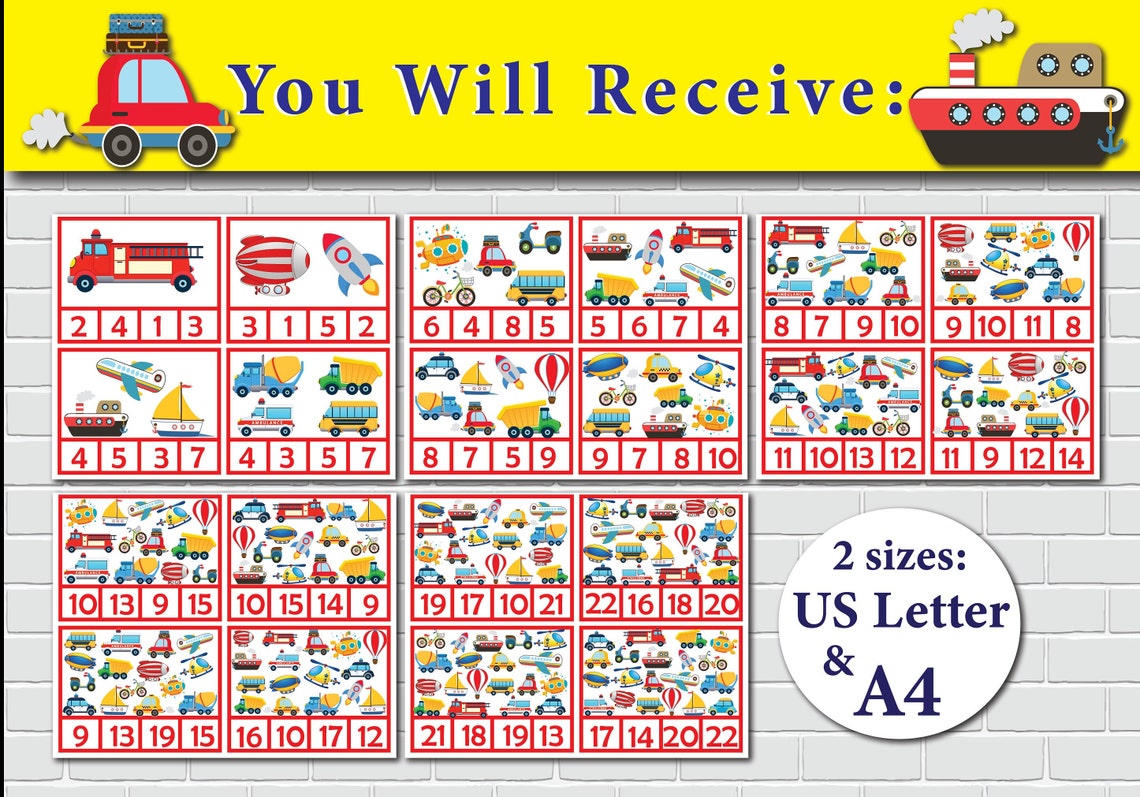 Clip and Count Cards Numbers 1-20. Printable Vehicles and - Etsy