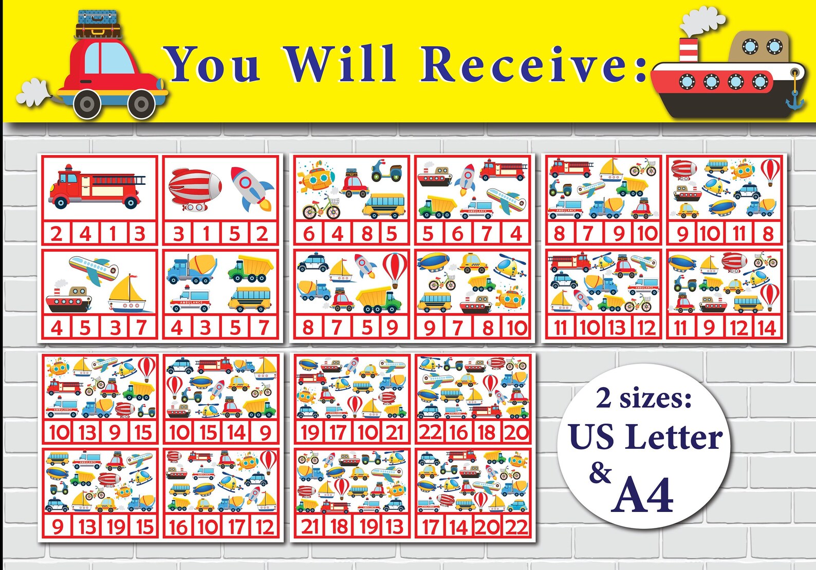 Clip and Count Cards Numbers 1-20. Printable Vehicles and Things That ...