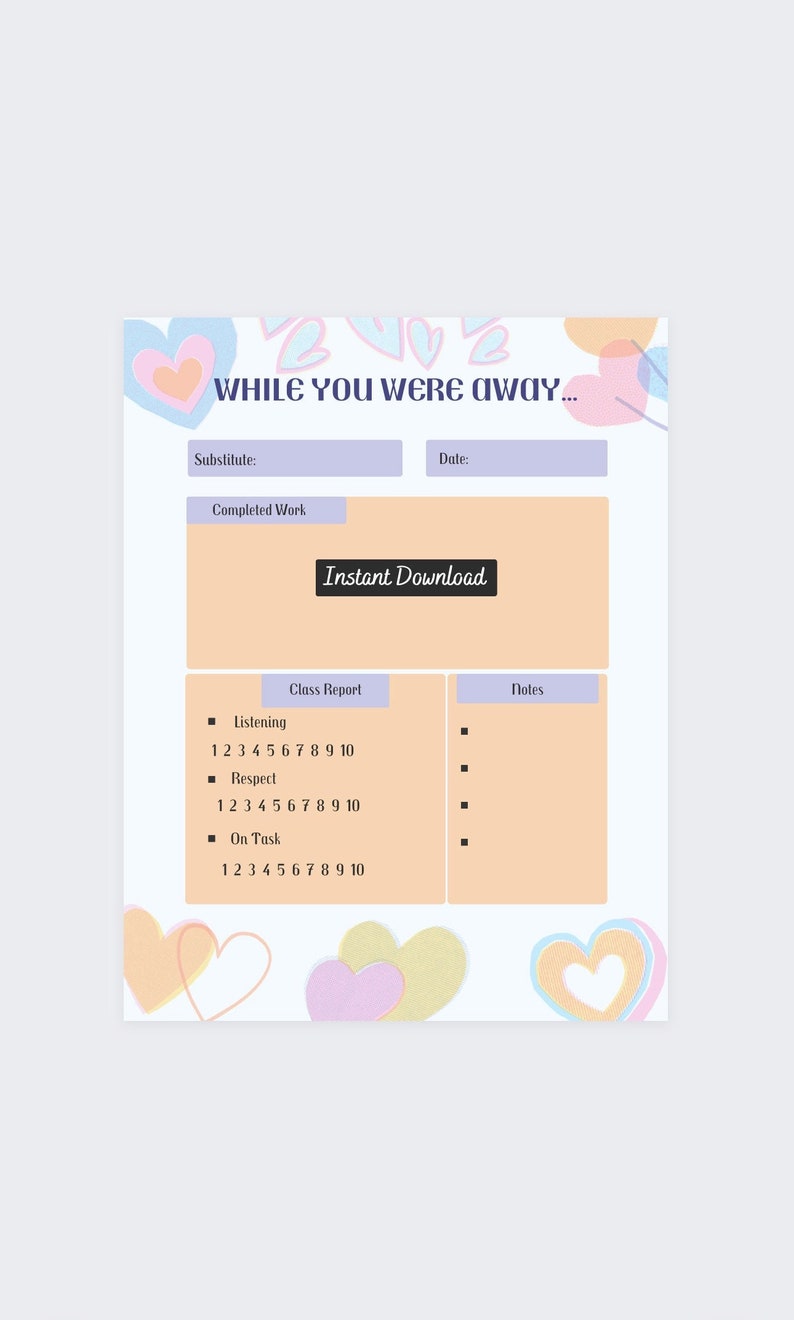 Hearts Printable Substitute Teacher Note/ While You Were Away Note - Etsy