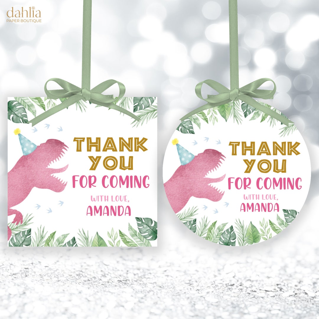 Dinosaur Favor Tag, EDITABLE Three Rex Birthday Label, Pink Thank You ...