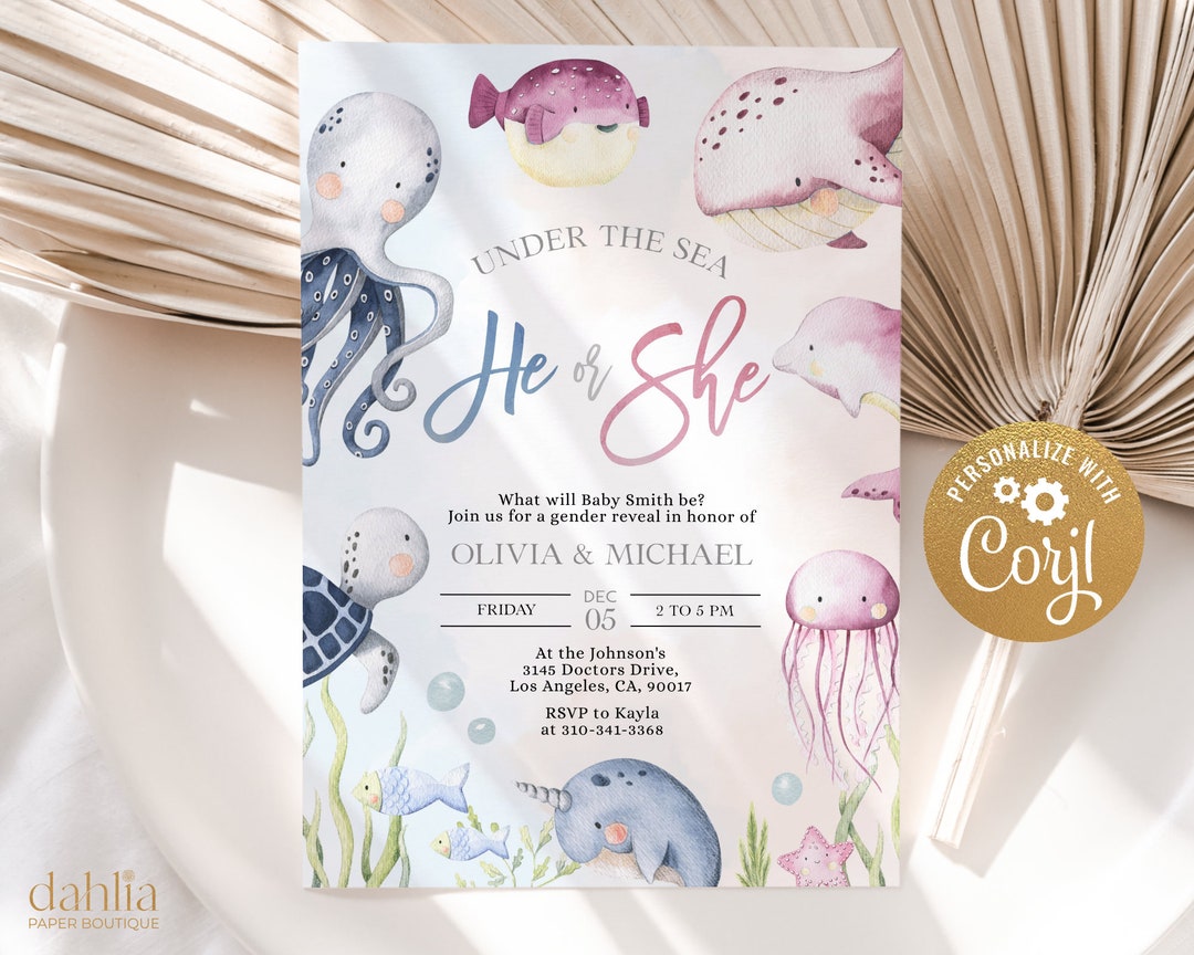 Under the Sea Gender Reveal Invitation, Ocean Animals Gender Reveal ...