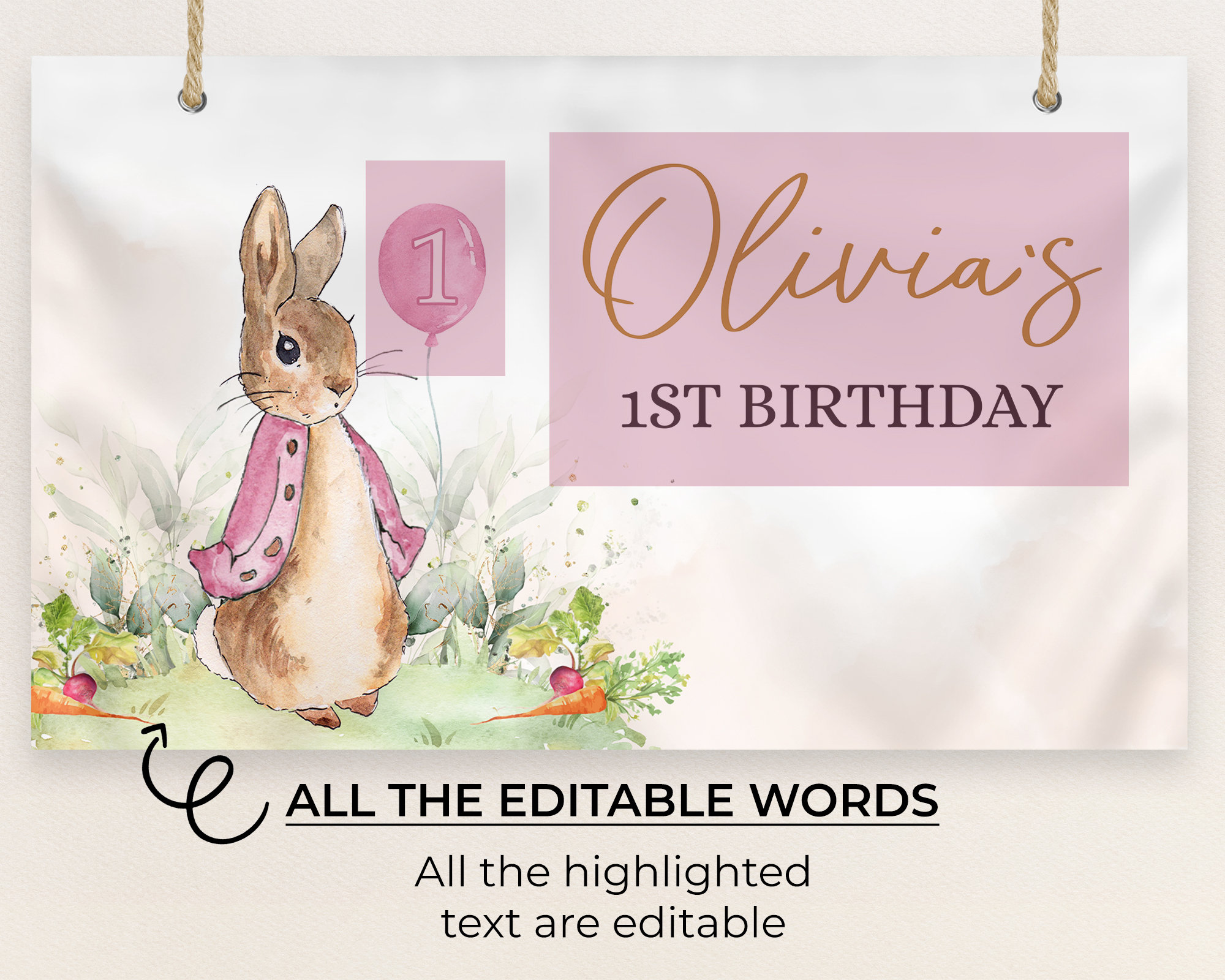 Peter Rabbit Birthday Backdrop, EDITABLE Rustic Bunny Party Banner ...