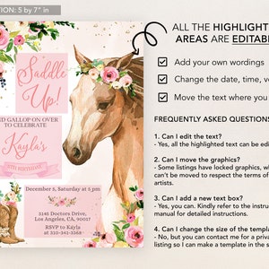 EDITABLE Horse Birthday Invitation, Saddle up Cowgirl Invite Template, Country Western Party ...