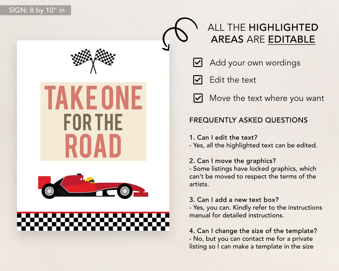 Fast One Take One for the Road Sign EDITABLE Race Car Party - Etsy