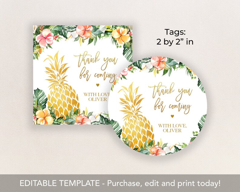 Pineapple Birthday Thank You for Coming Gift Tag, EDITABLE Hawaiian ...