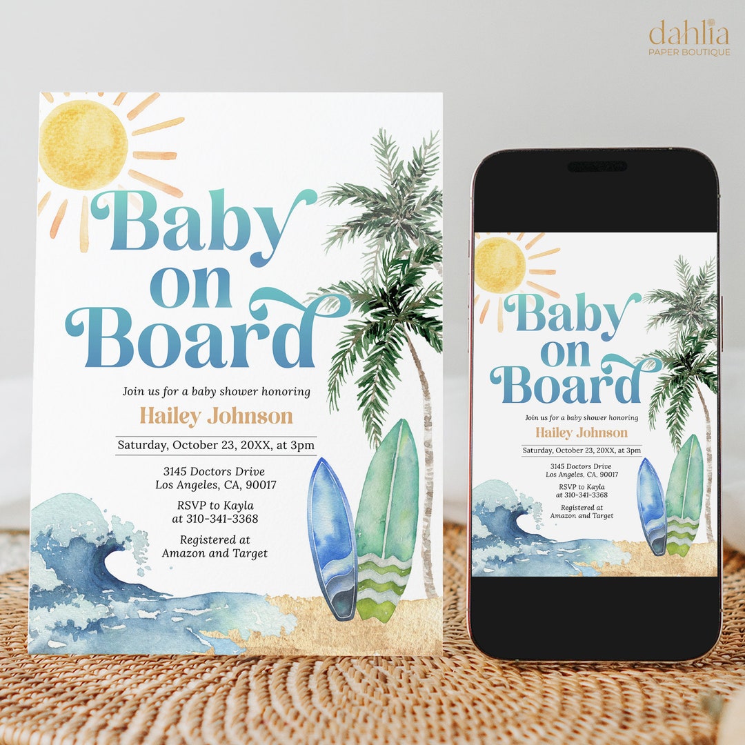 Baby on Board Baby Shower Invitation, Editable Surf Board Beach Baby ...