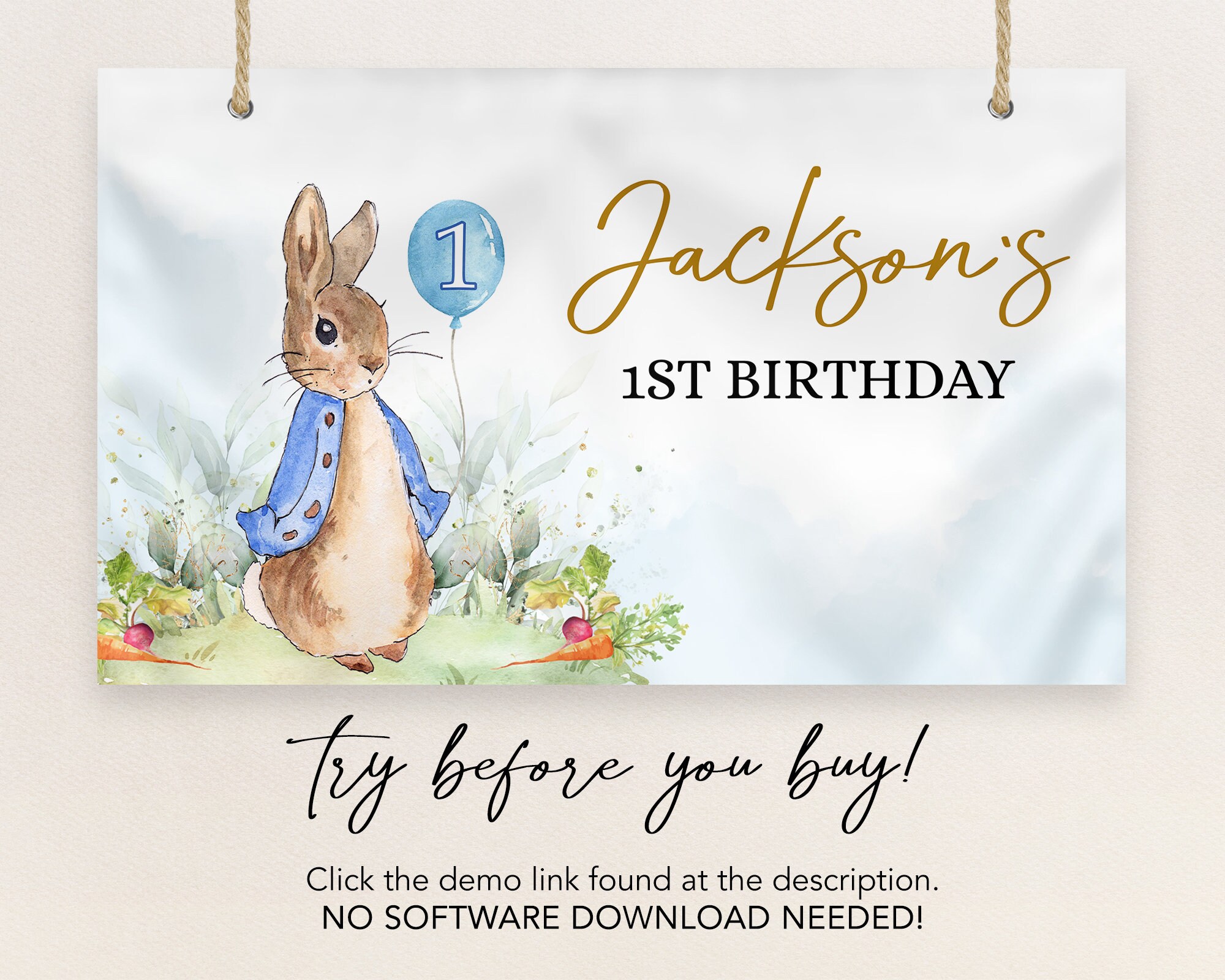 Peter Rabbit Birthday Backdrop EDITABLE Rustic Bunny Party - Etsy