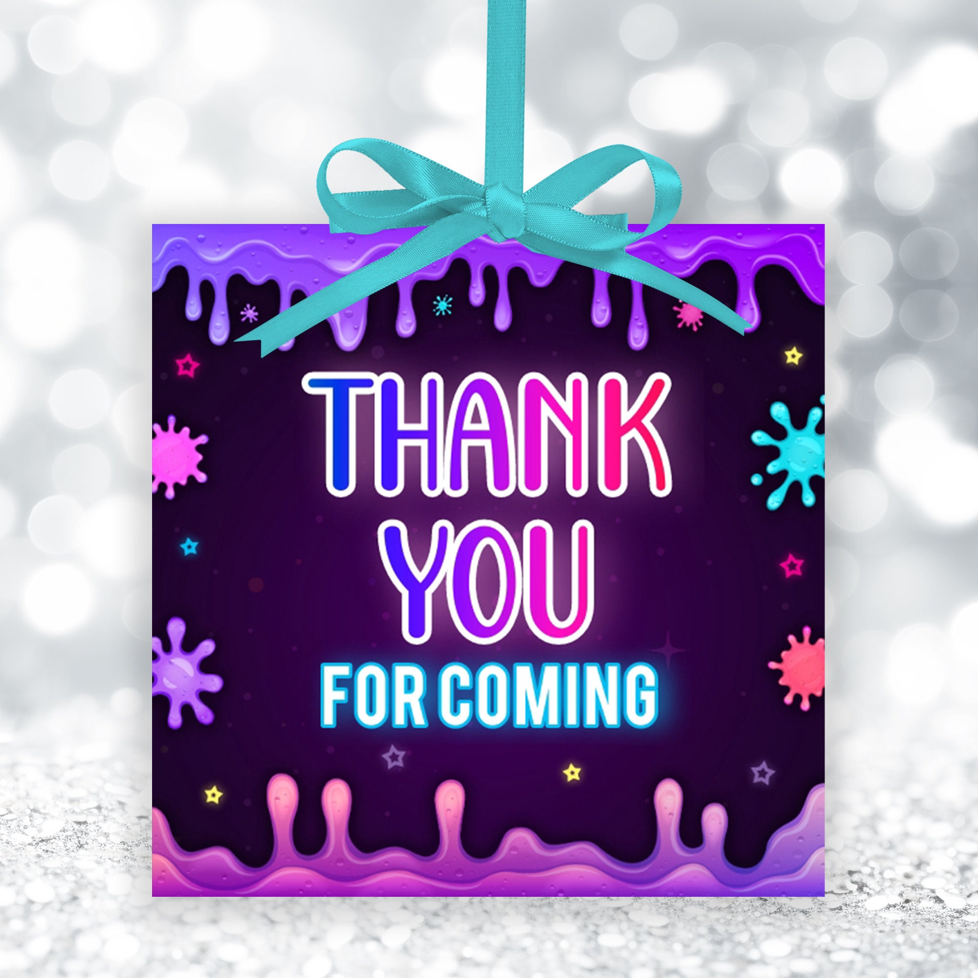 Slime Thank You Gift Tag, EDITABLE Slime Birthday Label, Girl Neon Glow ...