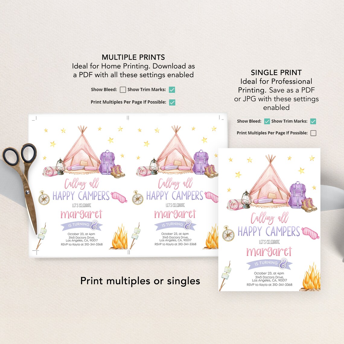 Camping Birthday Invitation, EDITABLE Girl Camp Party Invite, Camp Out ...