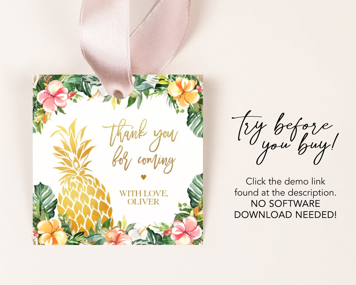 Pineapple Birthday Thank You for Coming Gift Tag, EDITABLE Hawaiian ...
