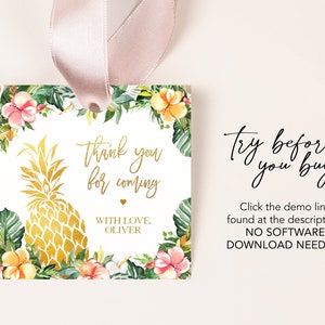 Pineapple Birthday Thank You for Coming Gift Tag, EDITABLE Hawaiian ...