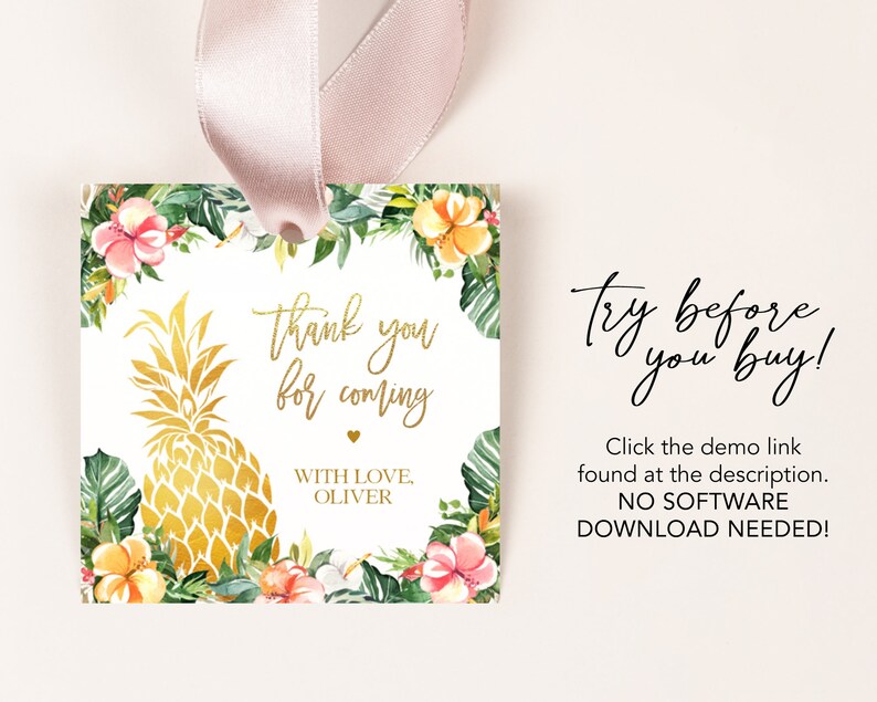 Pineapple Birthday Thank You for Coming Gift Tag, EDITABLE Hawaiian ...