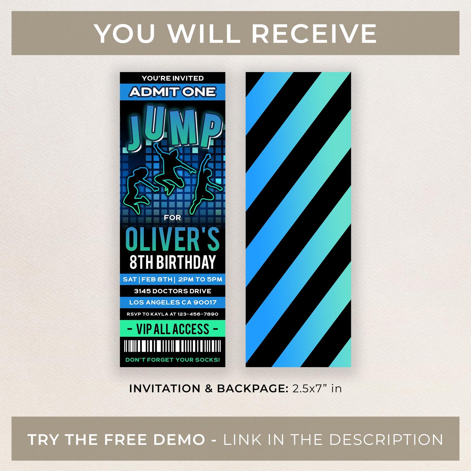Jump Ticket Invitation, Editable Jump Birthday Invite, Blue Trampoline ...