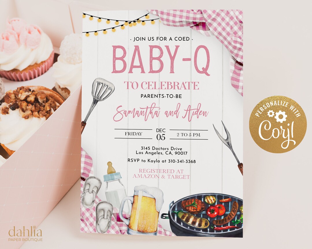 Editable Pink Baby-q Baby Shower Invitation, Backyard Couples Baby ...