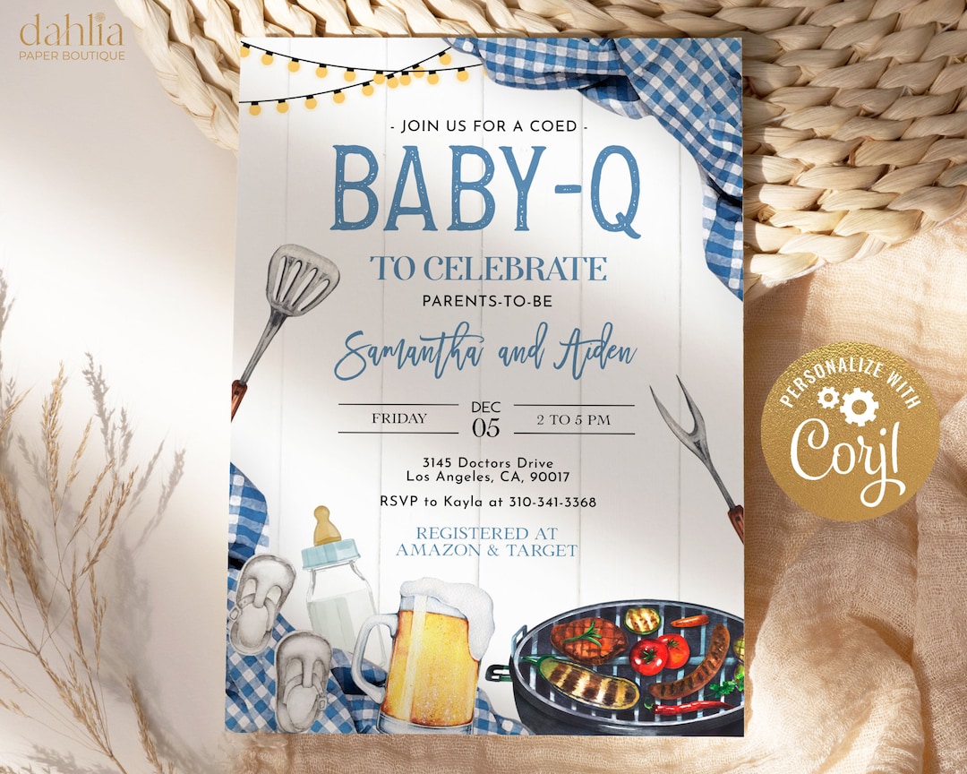 Editable Blue Baby-q Baby Shower Invitation, Backyard Couples Baby ...