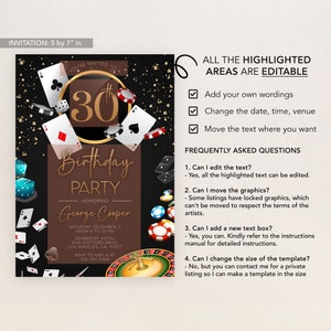 Editable Casino Birthday Invitation, 21st 30th 40th 50th Poker Birthday ...