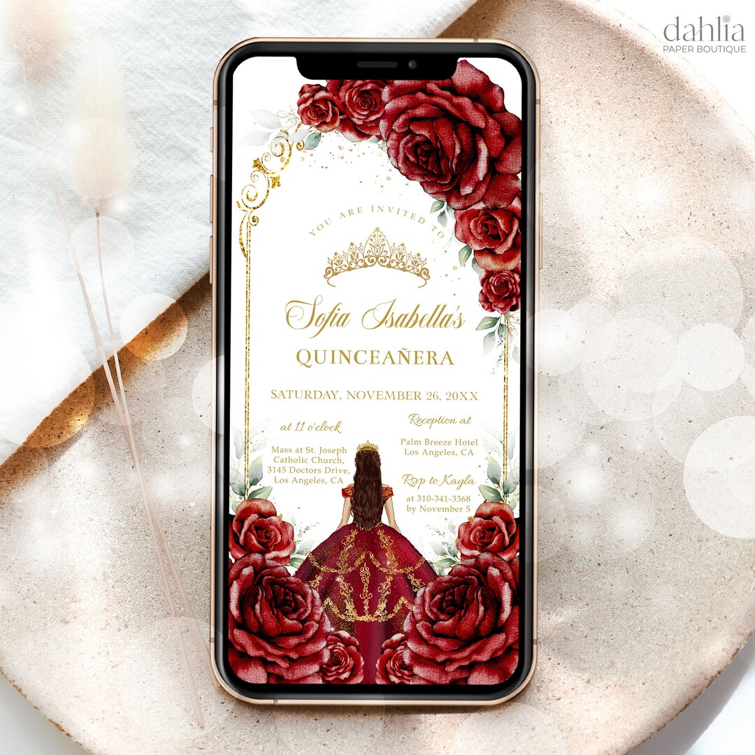 Burgundy Red and Gold Quinceañera Digital Invitation, EDITABLE Tiara ...
