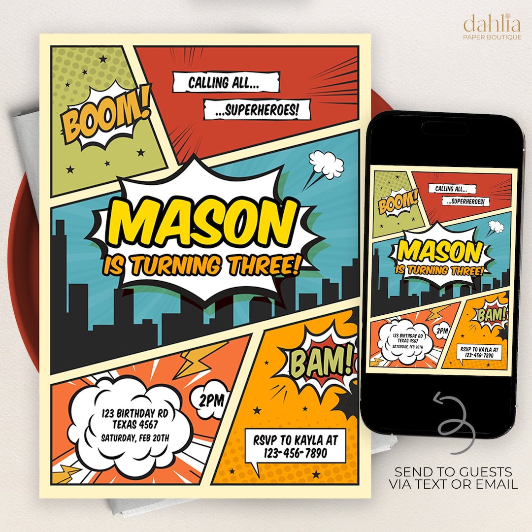 Comic Book Birthday Invitation, EDITABLE Superhero Party Invite, Boy ...