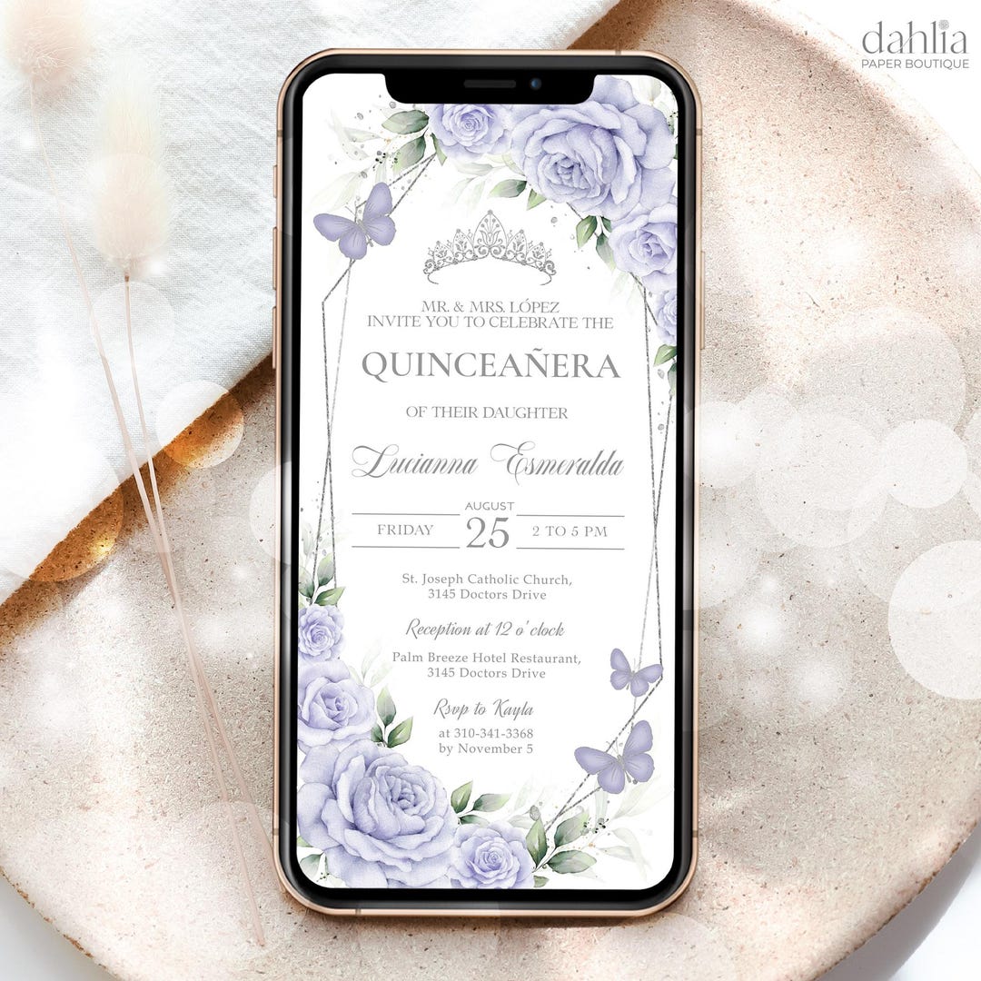 Lilac Purple and Silver Quinceañera Digital Invitation, EDITABLE 15th ...