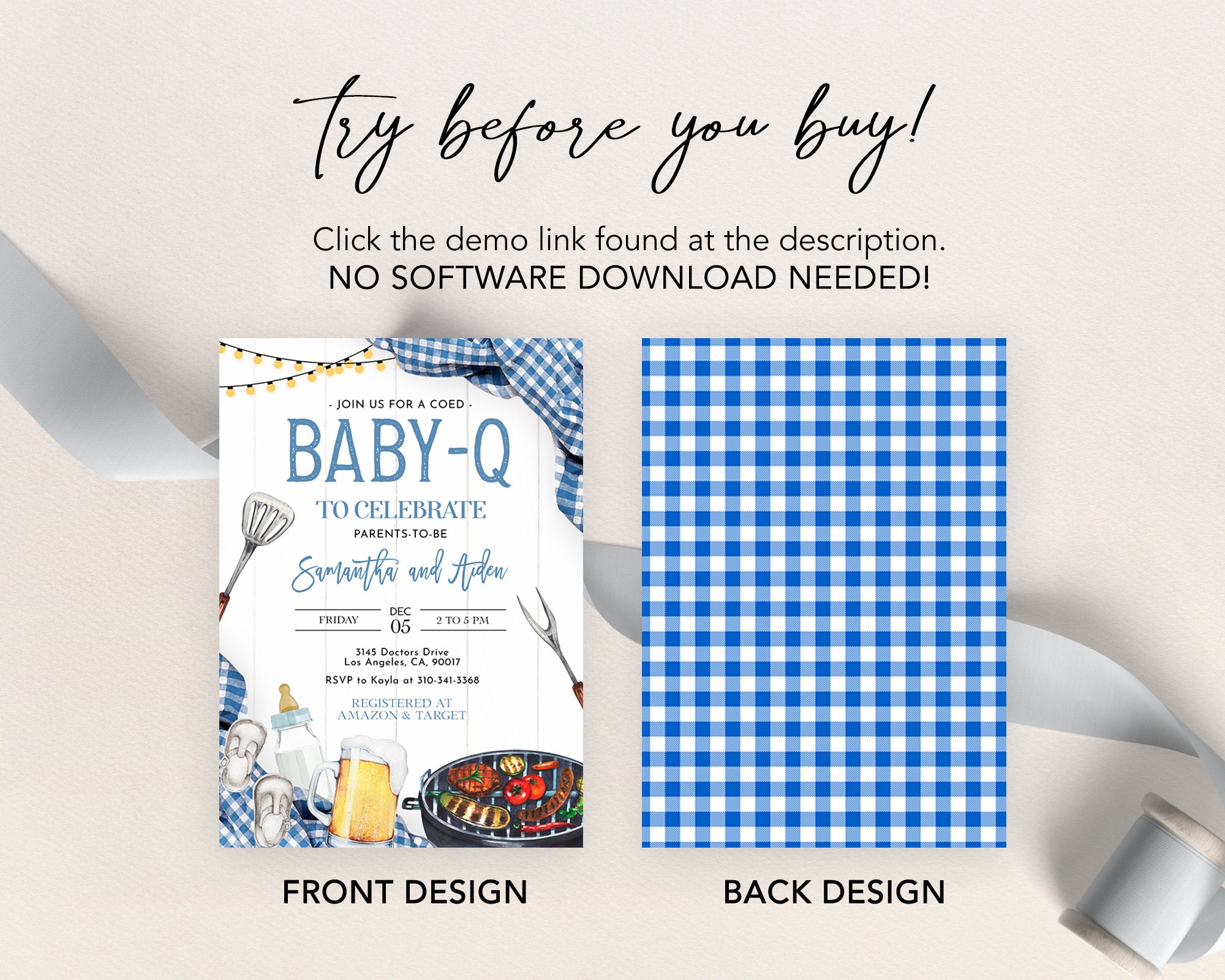Editable Blue Baby-q Baby Shower Invitation, Backyard Couples Baby ...