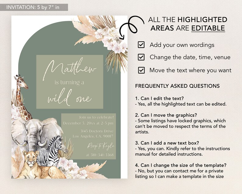 Boho Safari Birthday Invitation Editable Jungle Animal Party - Etsy