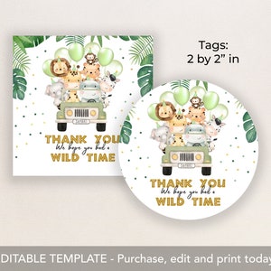 Wild One Birthday Thank You for Coming Gift Tag, Safari Animals Party ...