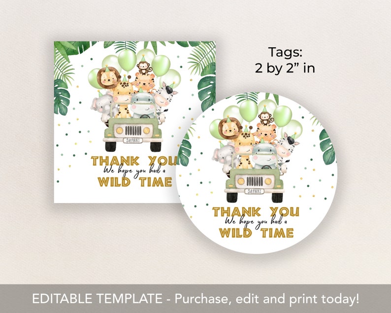Wild One Birthday Thank You for Coming Gift Tag, Safari Animals Party ...