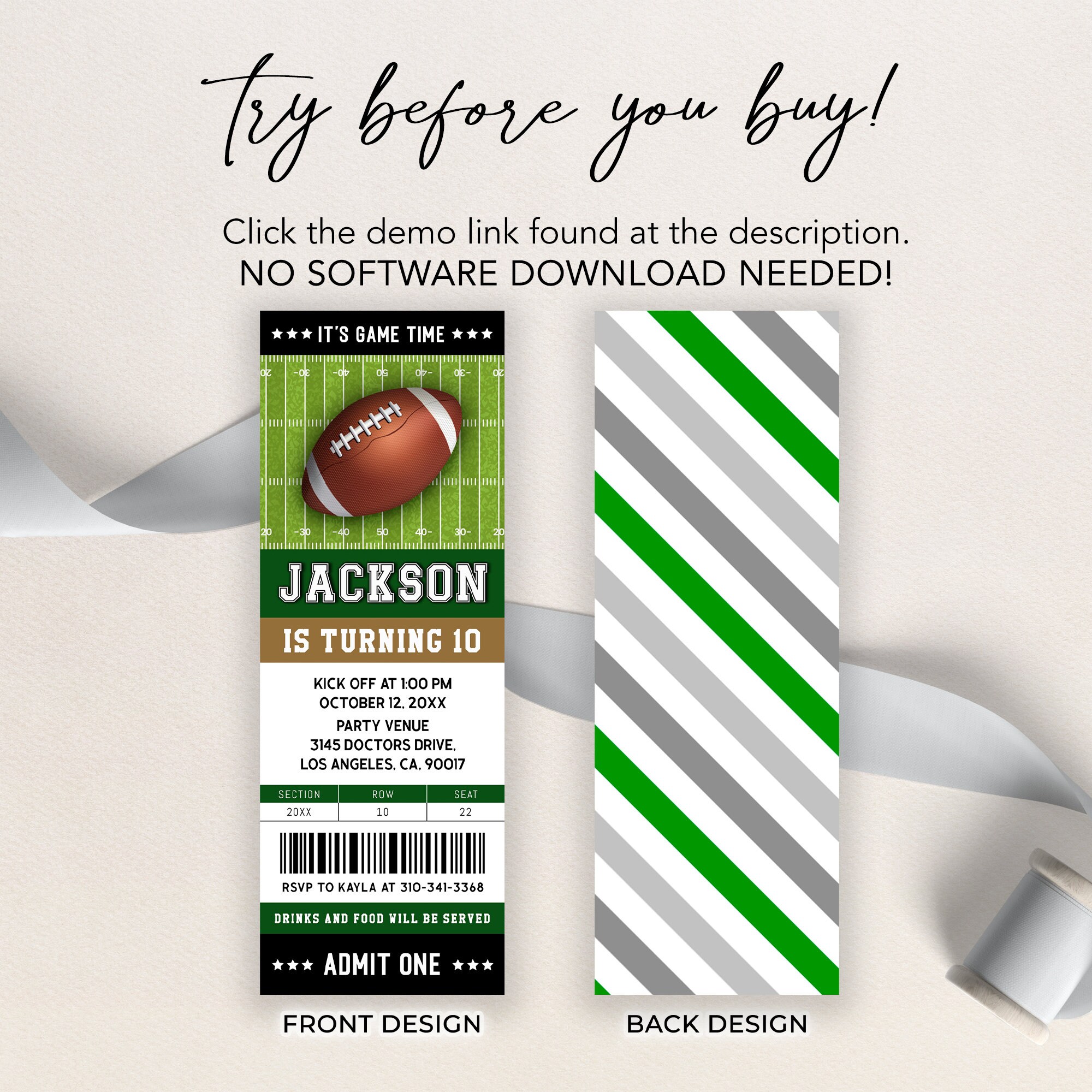 Football Ticket Birthday Invitation, Editable American Football Ticket ...
