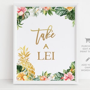 Take A Lei Table Sign, EDITABLE Hawaiian Pineapple Party Template ...