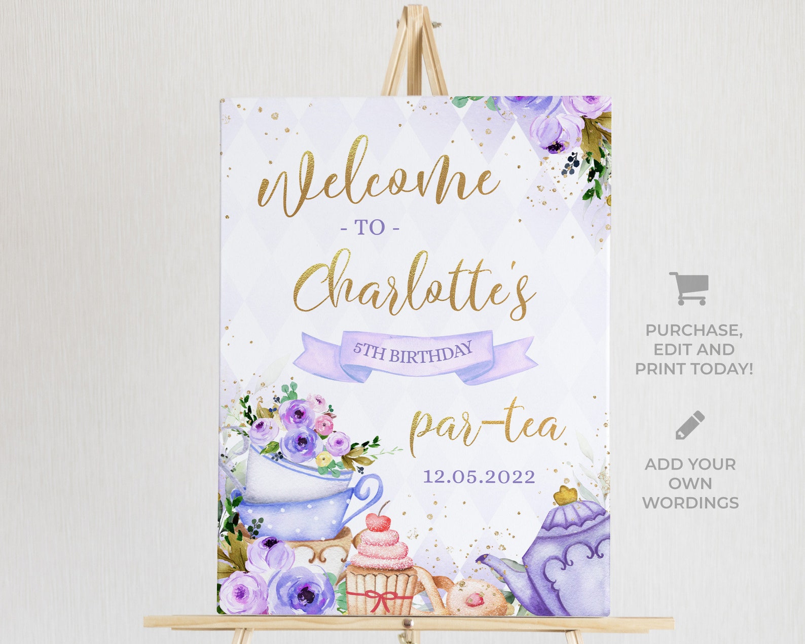 EDITABLE Tea Party Birthday Welcome Sign Purple & Gold - Etsy