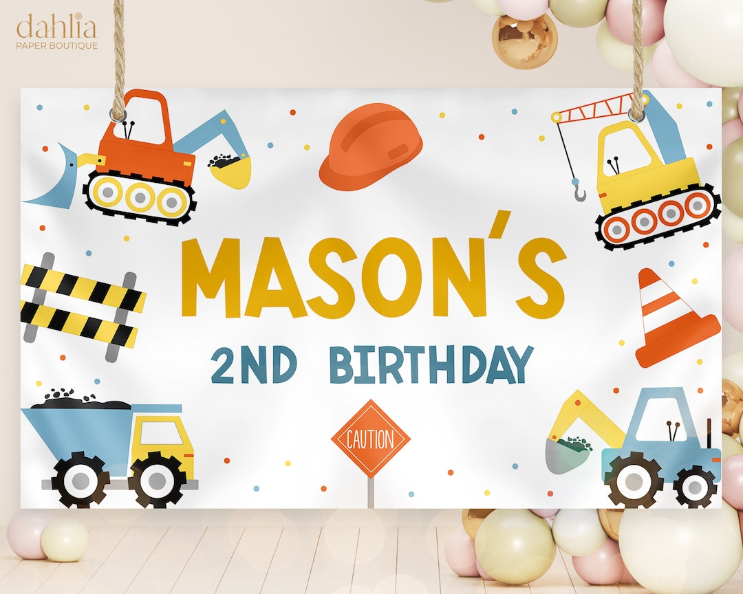 Construction Trucks Birthday Backdrop, EDITABLE Dump Trucks Party Decor ...