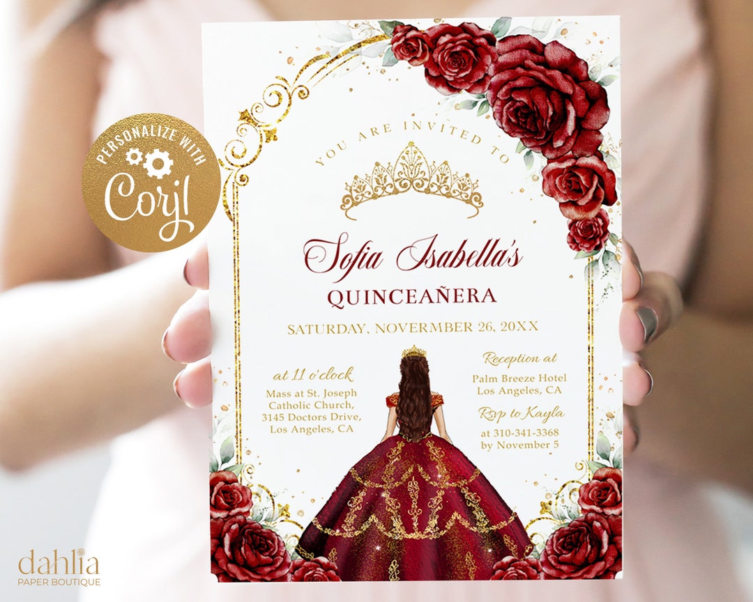 Invitación de quinceañera con arco rojo y dorado de Borgoña, plantilla ... Invitación de quinceañera con arco rojo y dorado de Borgoña, plantilla ...