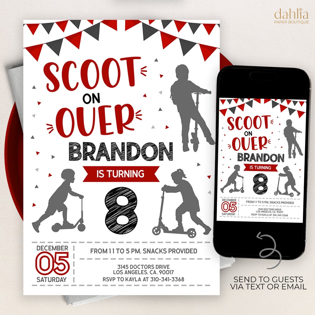Scooter Birthday Invitation, EDITABLE Red Skating Party Invite, Bike ...