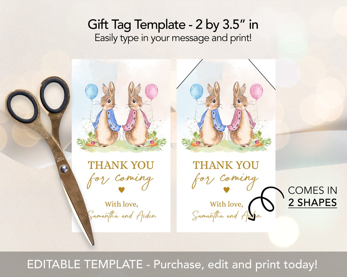 Peter Rabbit Gift Tag, EDITABLE Thank You for Coming Favor Tag, Flopsy ...